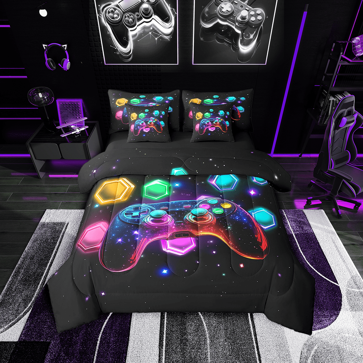 Game 7Pcs Comforter Set Full,Novelty Game Console Bedding Set,Space ...