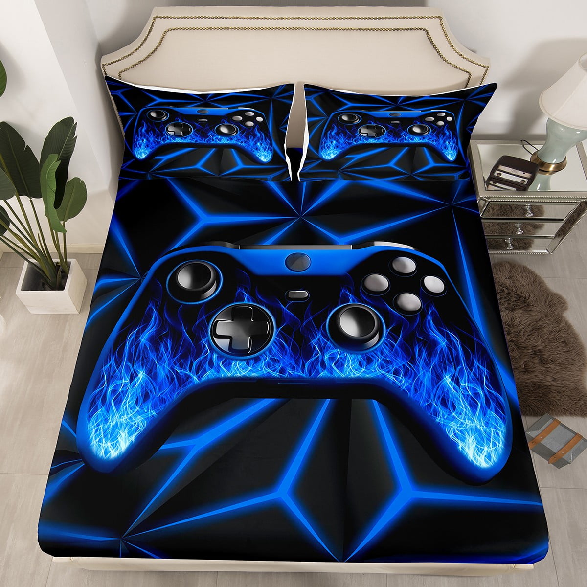 Game Bed Sheets Full, Blue Neon Geometry Full Fitted Sheet 3D Geometric ...