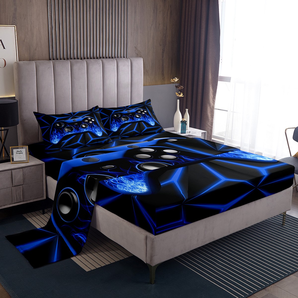 Game Bed Sheets Full, Blue Neon Geometry Full Sheets 3D Geometric ...