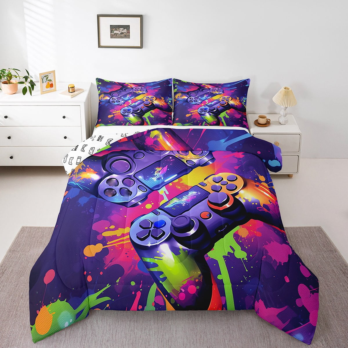 Game Console Comforter Set,Modern Gaming Bedding Set King Size Gamer Room Decor,Gamepad ...