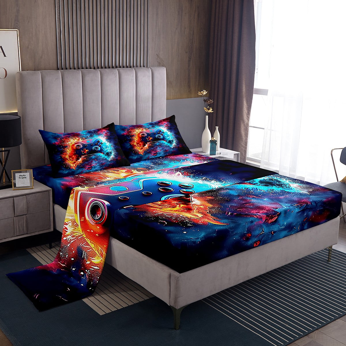 Game Console Twin Bed Sheets Set Water and Fire Lightning Sheet Set for ...