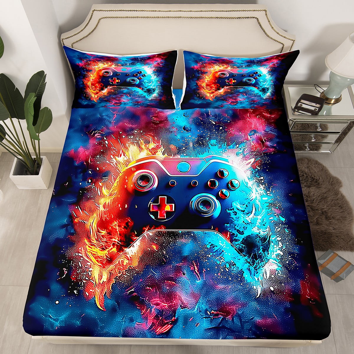 Game Console Twin Fitted Sheet Water and Fire Lightning Bed Sheets Teen ...