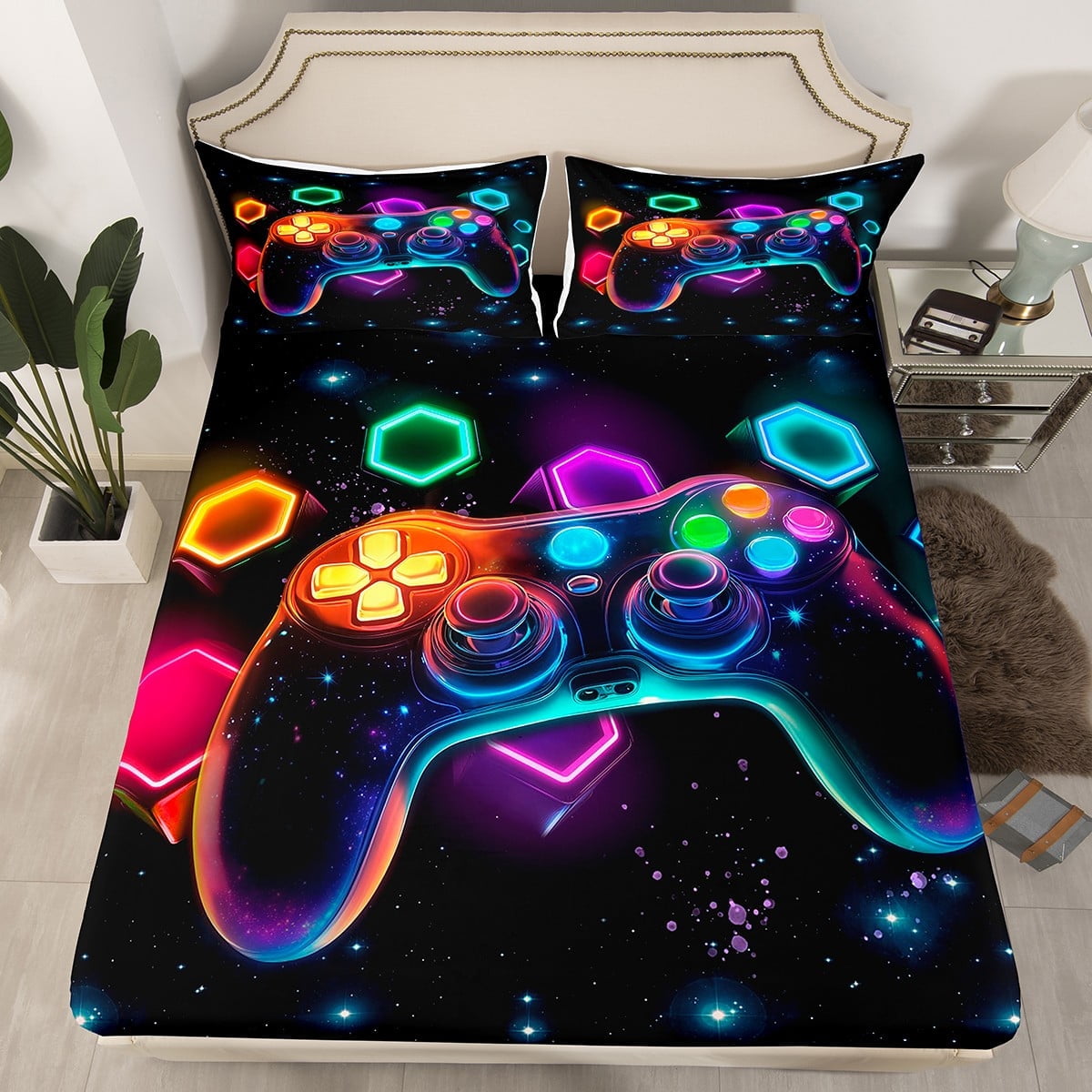 Game Consoles Bed Sheets Queen Gamer Gifts,Gaming Fitted Sheet Space Glow Geometry Sheets Red ...