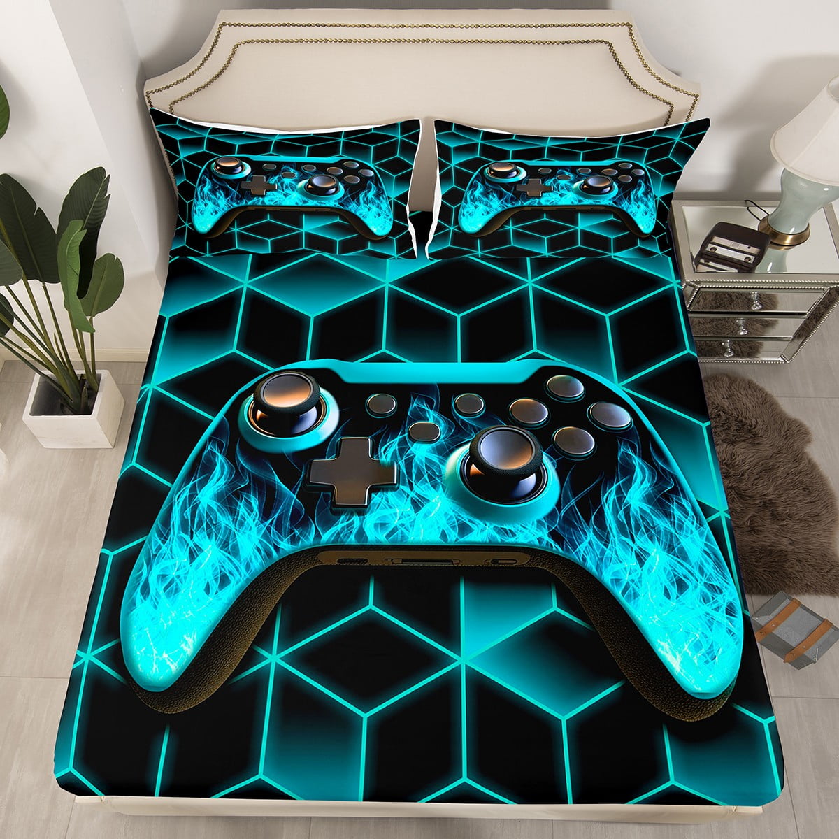 Game Consoles Fitted Sheet Neon Geometry Bed Sheets Full,3D Geometric ...