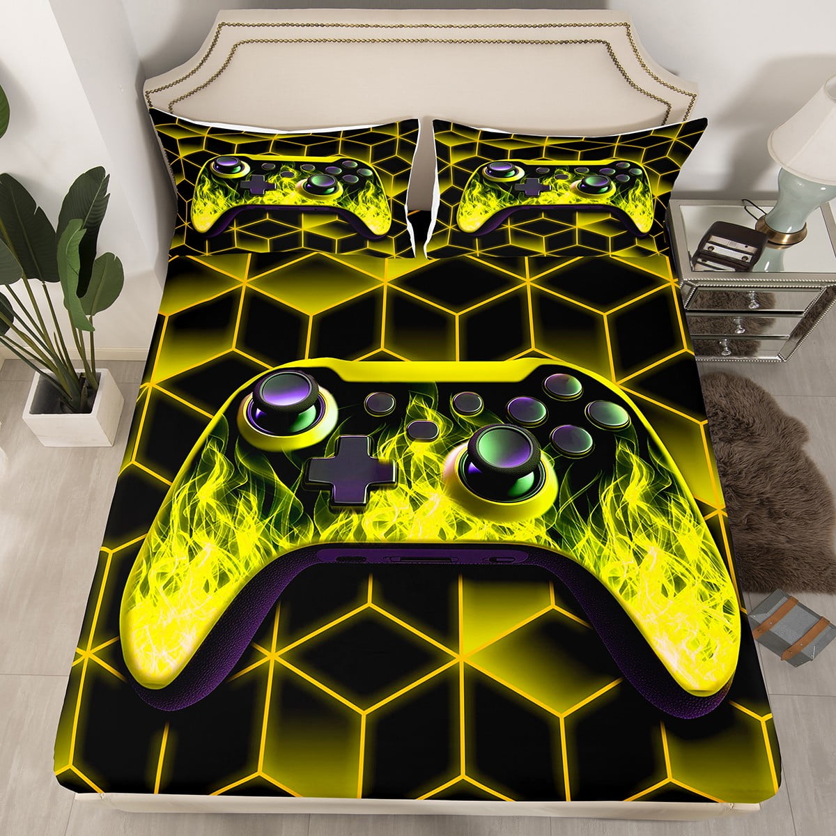 Game Consoles Fitted Sheet Neon Geometry Bed Sheets Full,3D Geometric ...