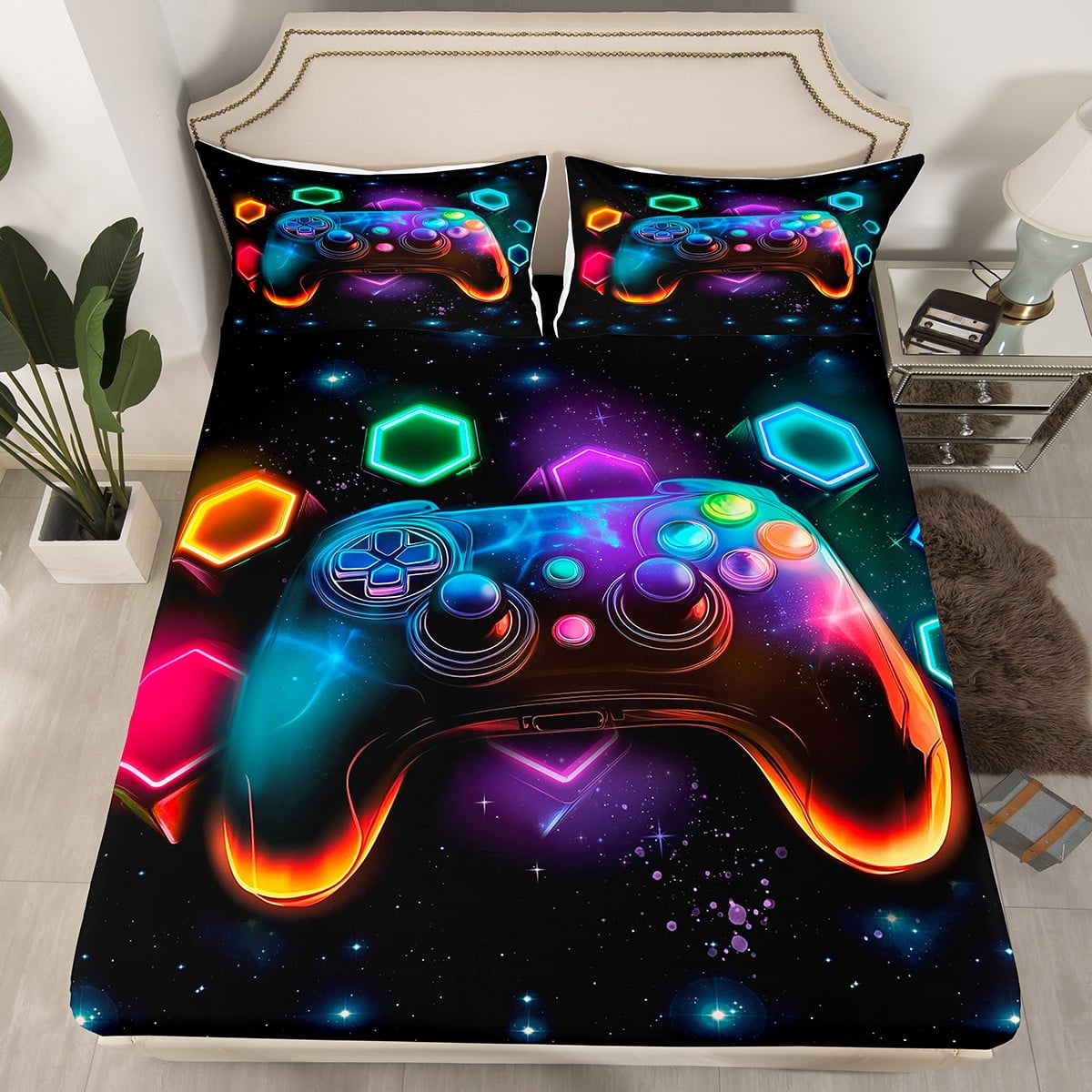 Game Consoles Gaming Bed Sheets Queen Gamer Gifts,Gamer Fitted Sheet Space Glow Geometry Sheets ...