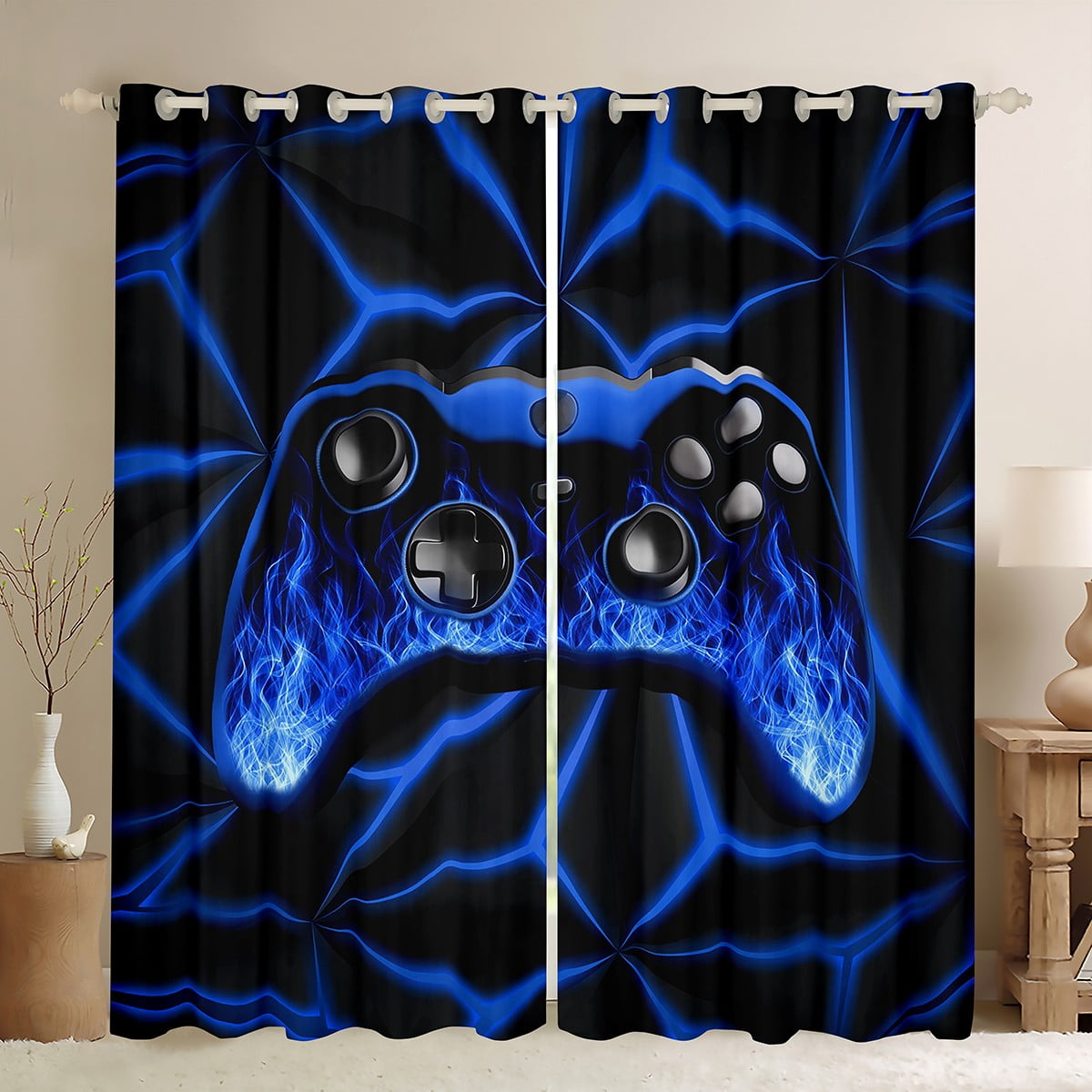 Game Curtains, Blue Neon Geometry Blackout Curtains 3D Geometric Gaming ...