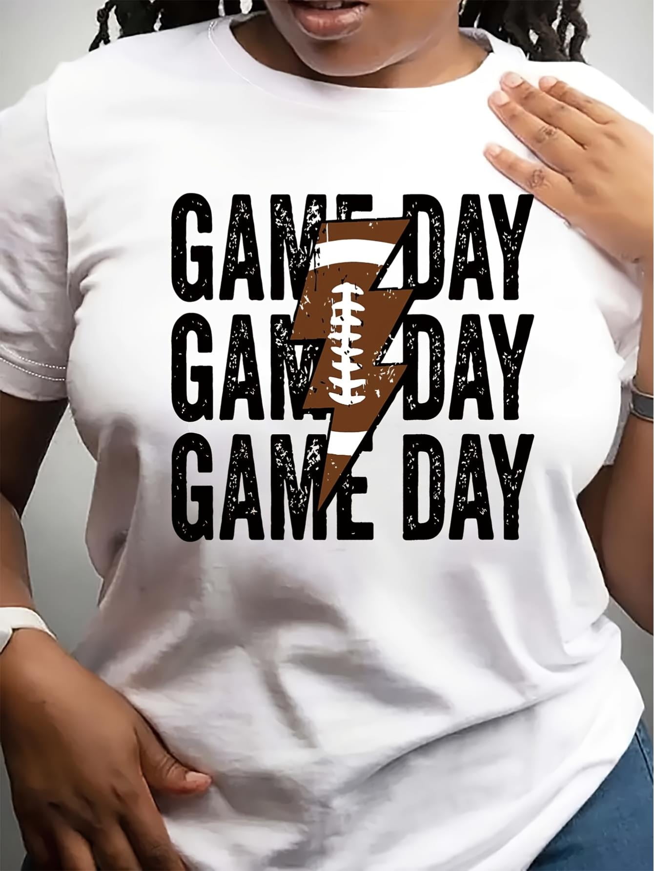 Game Day Football Print Crew Neck T-Shirt, Casual Polyester Knit Fabric ...