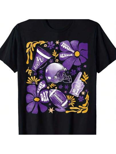 Game Day Touchdown Tee - Vibrant Purple & Yellow, 100% Cotton, Relaxed ...