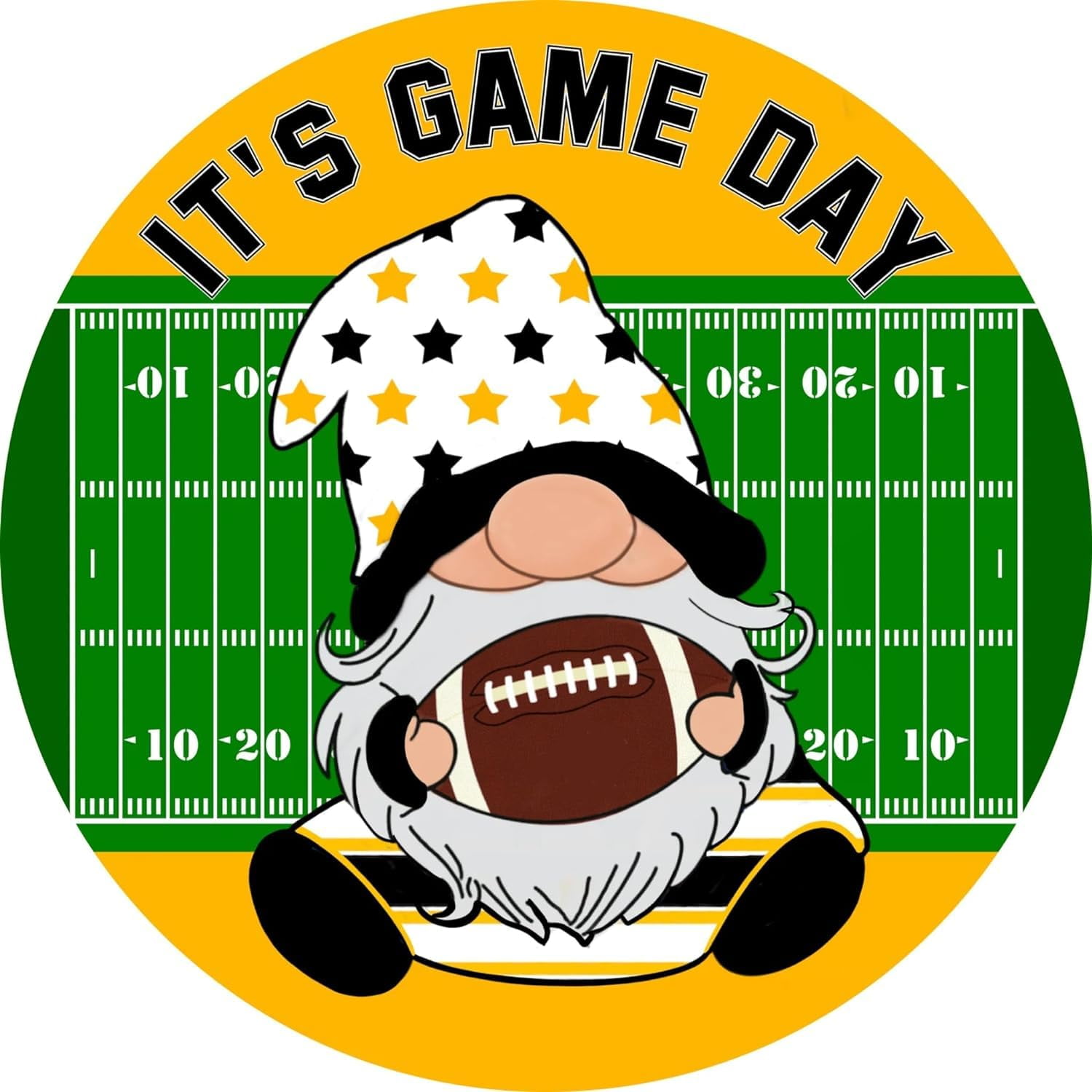 It's Game Day lack and Gold Football Field Sign Gnome Round Metal ...