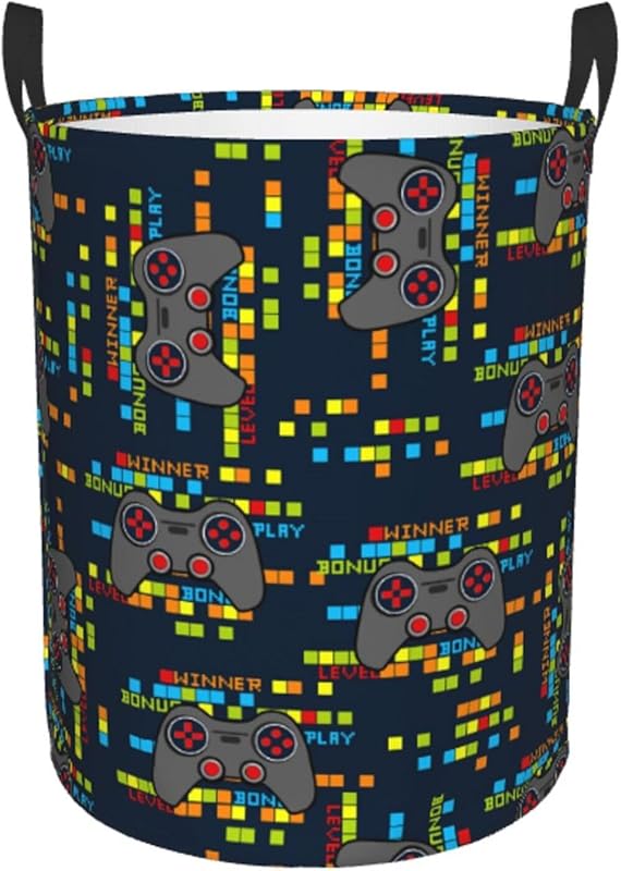 Game Joystick Gaming Pixels Round Laundry Hamper Storage Basket Toys ...