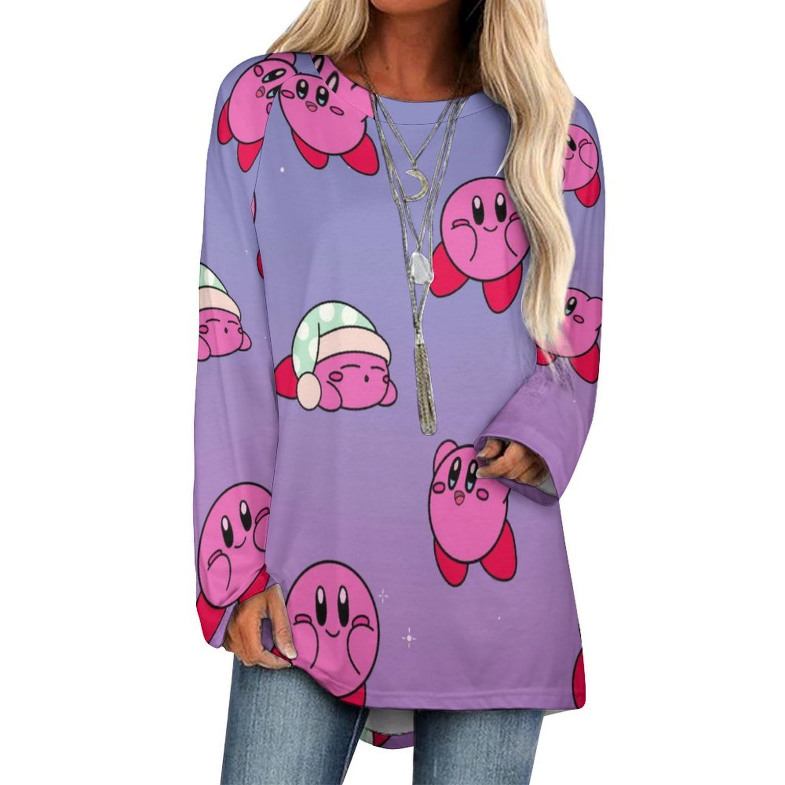 Game Kirby Womens Long Sleeve T-Shirt Loose Fit Tops Casual Raglan Tee ...