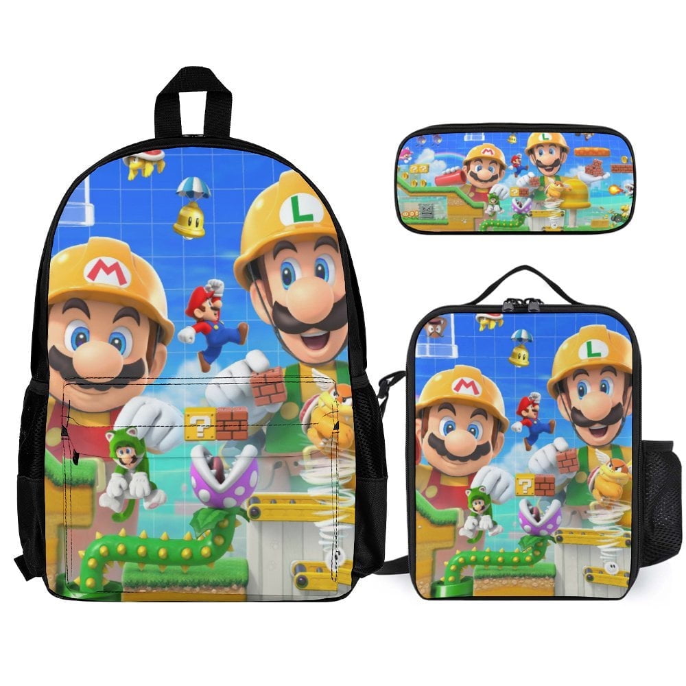 Game Mario Bros Luigi Backpack 3 Pieces Set With Pencil Case Lunch Bag ...