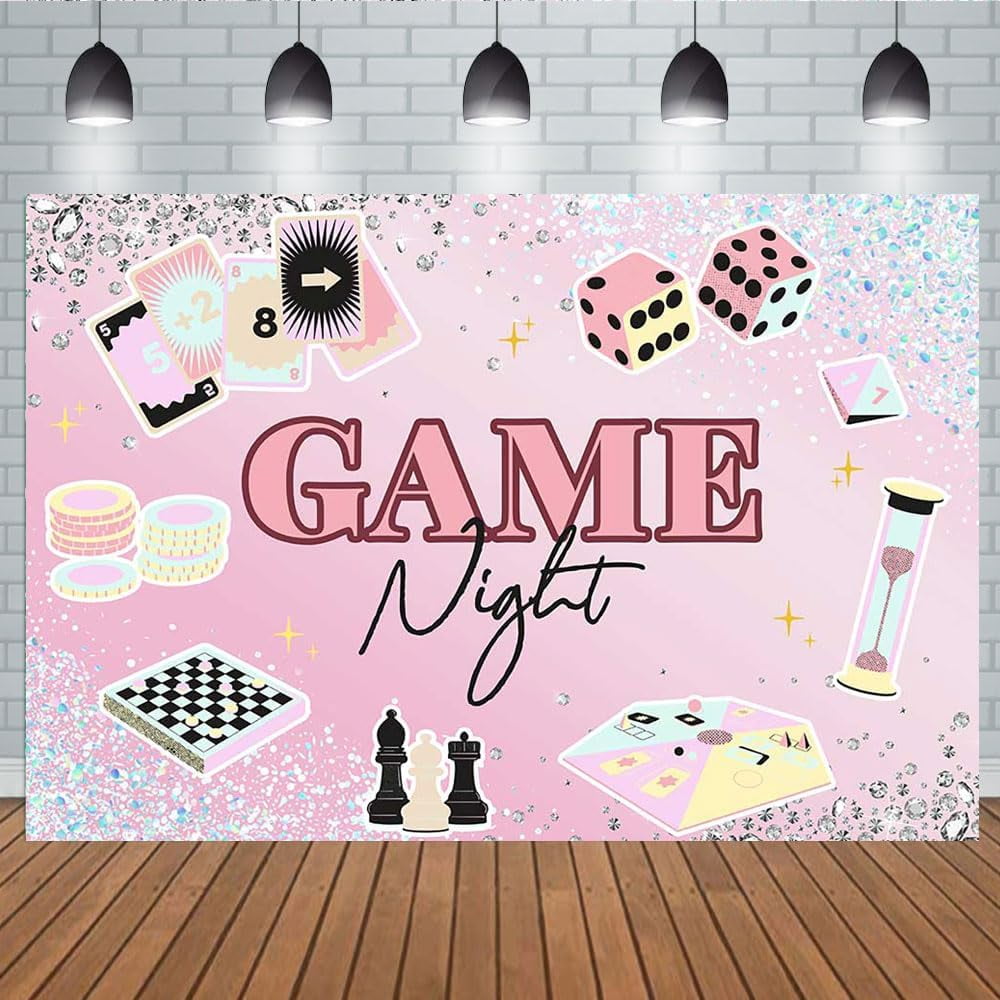Game Night Backdrop Game Party Decorations Pink Girls Night Chess Card ...