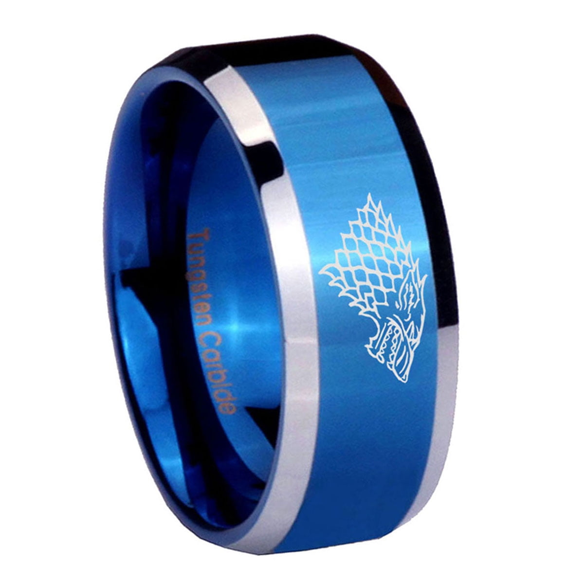 Game Of Thrones House Stark Direwolf 8MM Beveled Edge Blue Tungsten Men ...