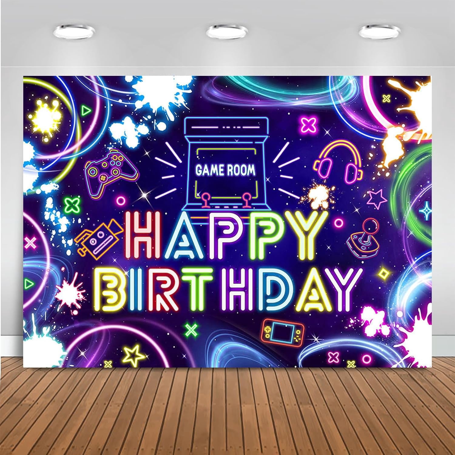 Game On Birthday Backdrop Video Game Game Night Acrade Happy Birthday ...