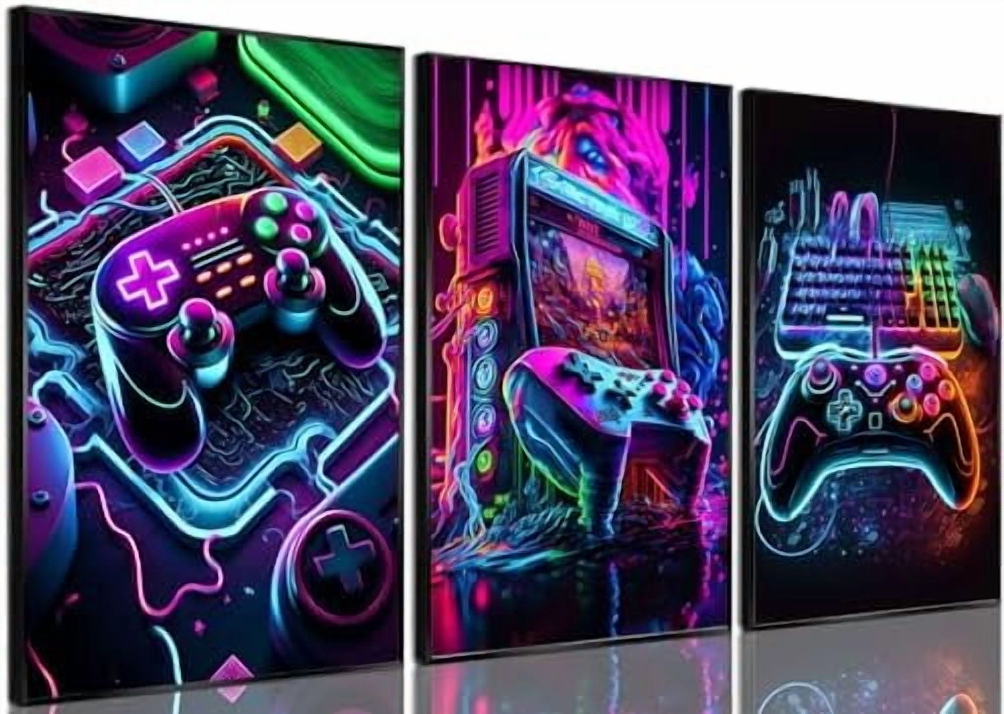 Game Room Decor Posters Set of 3 - Neon Gaming Accessories Theme Canvas ...