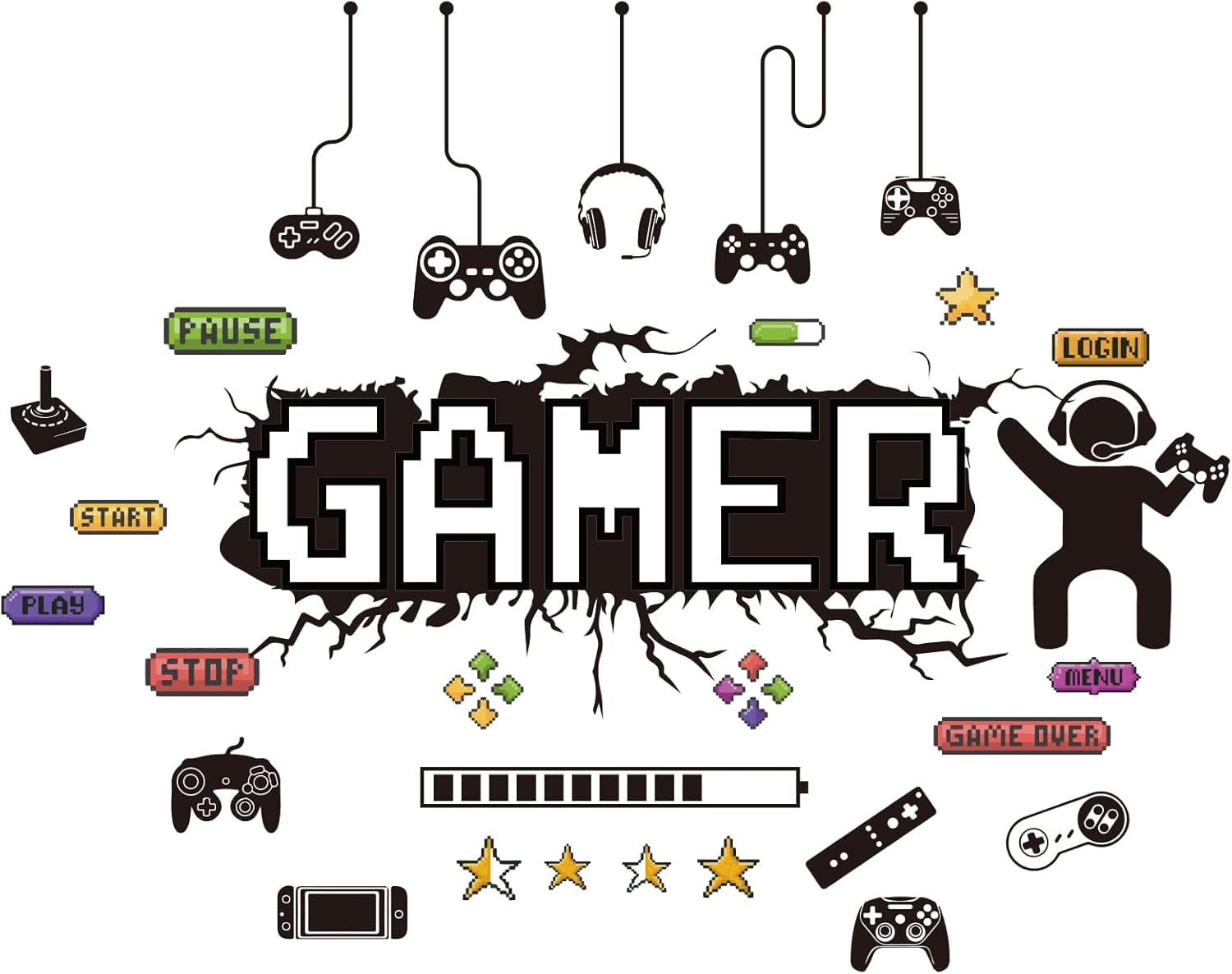 Game Theme Wall Stickers Gamepad Button Vinyl Wall Decal Gamer Wall Art ...