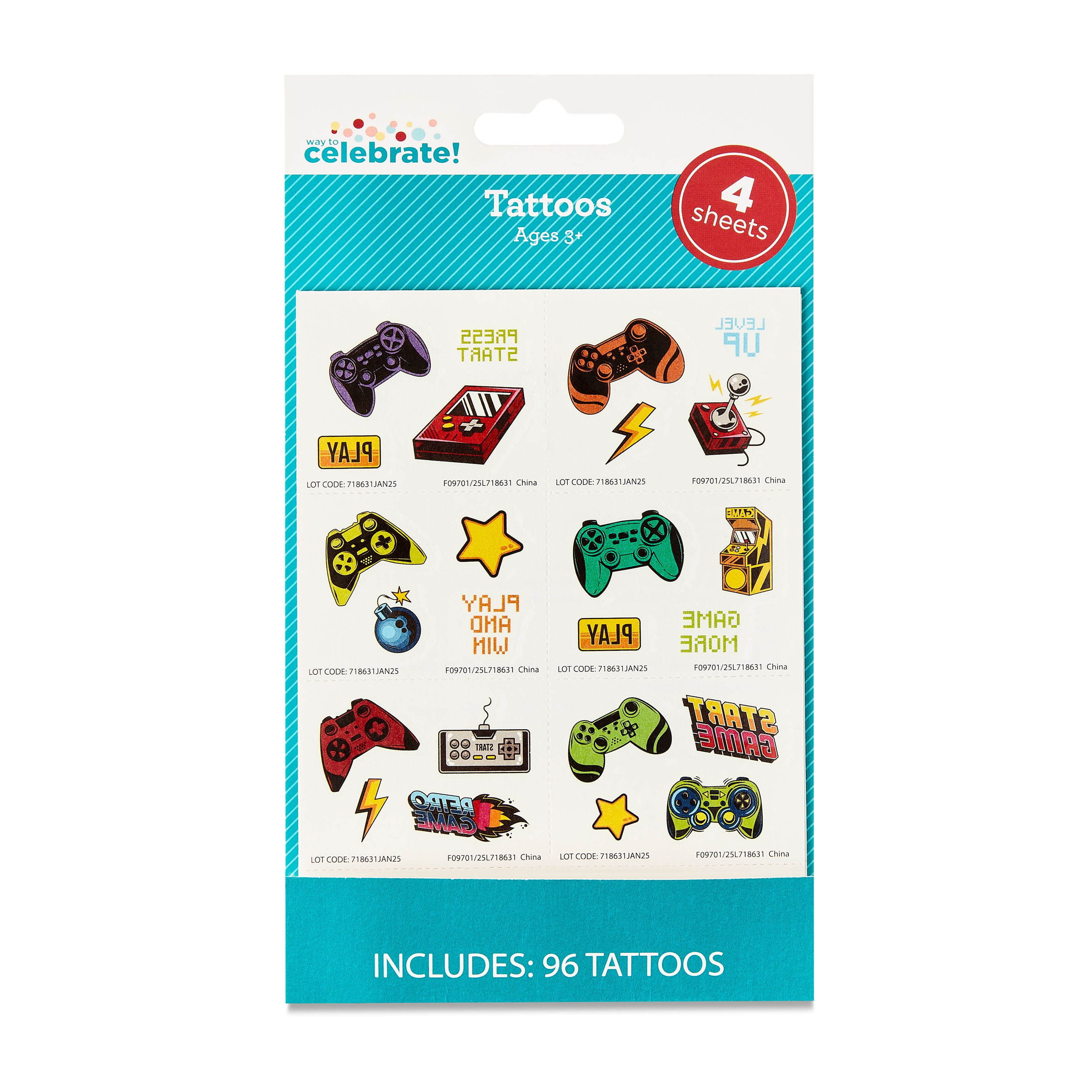 Way To Celebrate Game On Tattoo Party Favors 96 Count Gamer Themed ...