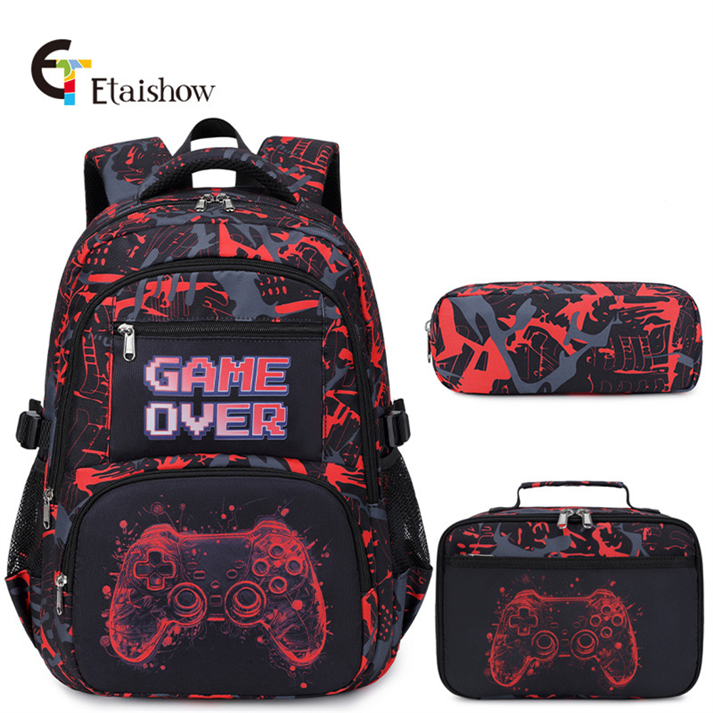 Game school bag three pieces set double zipper lightweight load ...