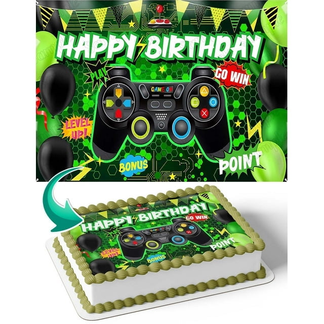 GameOn Gamer Nintendo Playstation Xbox Green Edible Image Cake Topper ...