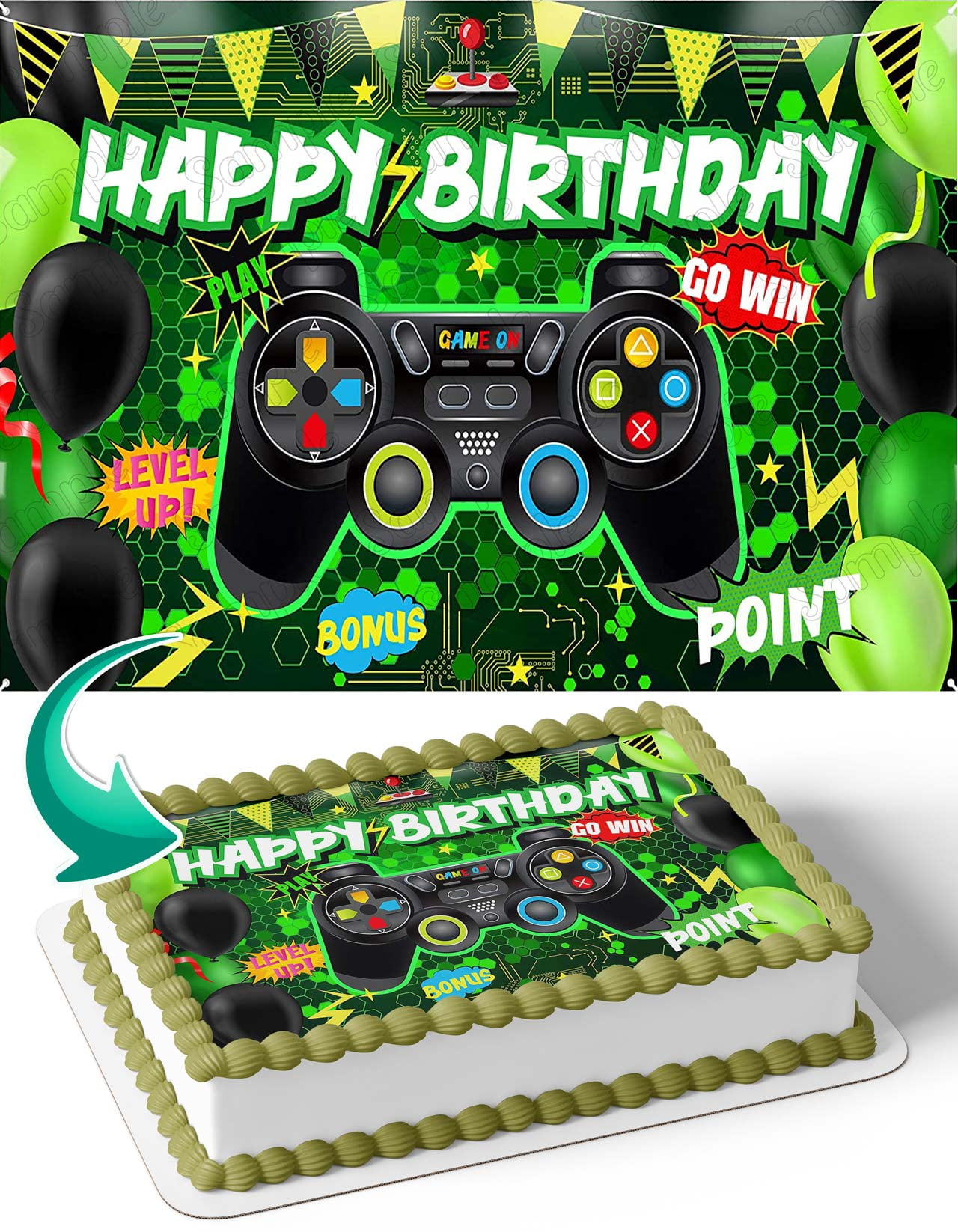 GameOn Gamer Nintendo Playstation Xbox Green Edible Image Cake Topper ...