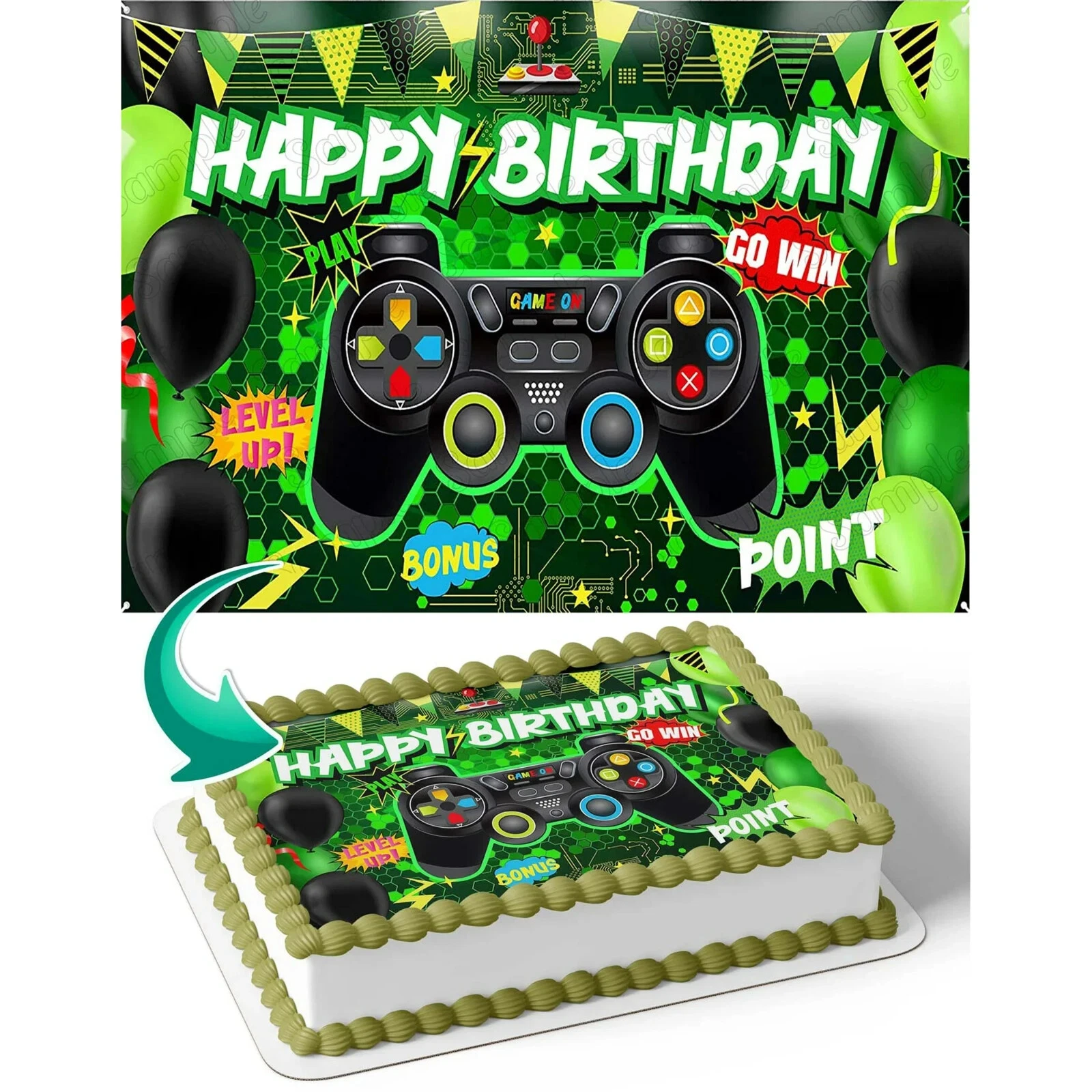 Gameon Gamer 1/4 Sheet Edible Cake Image Frosting Topper Happy Birthday ...