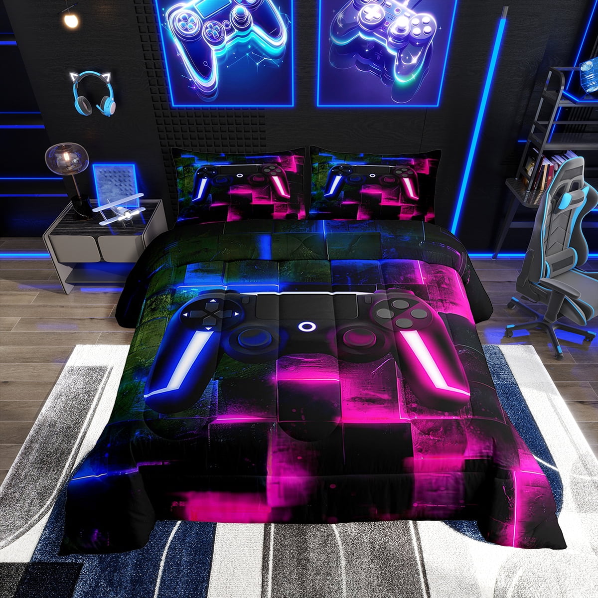 Gamepad Bedding Queen Size Contemporary Gradient Grid Comforter Set ...