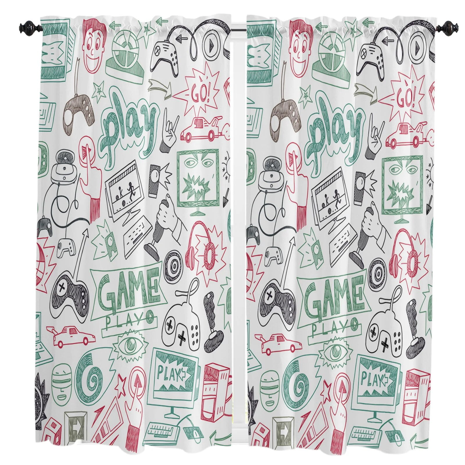 Gamepad Computer Graffiti Small Curtain Rod Pocket Short Curtains Half ...