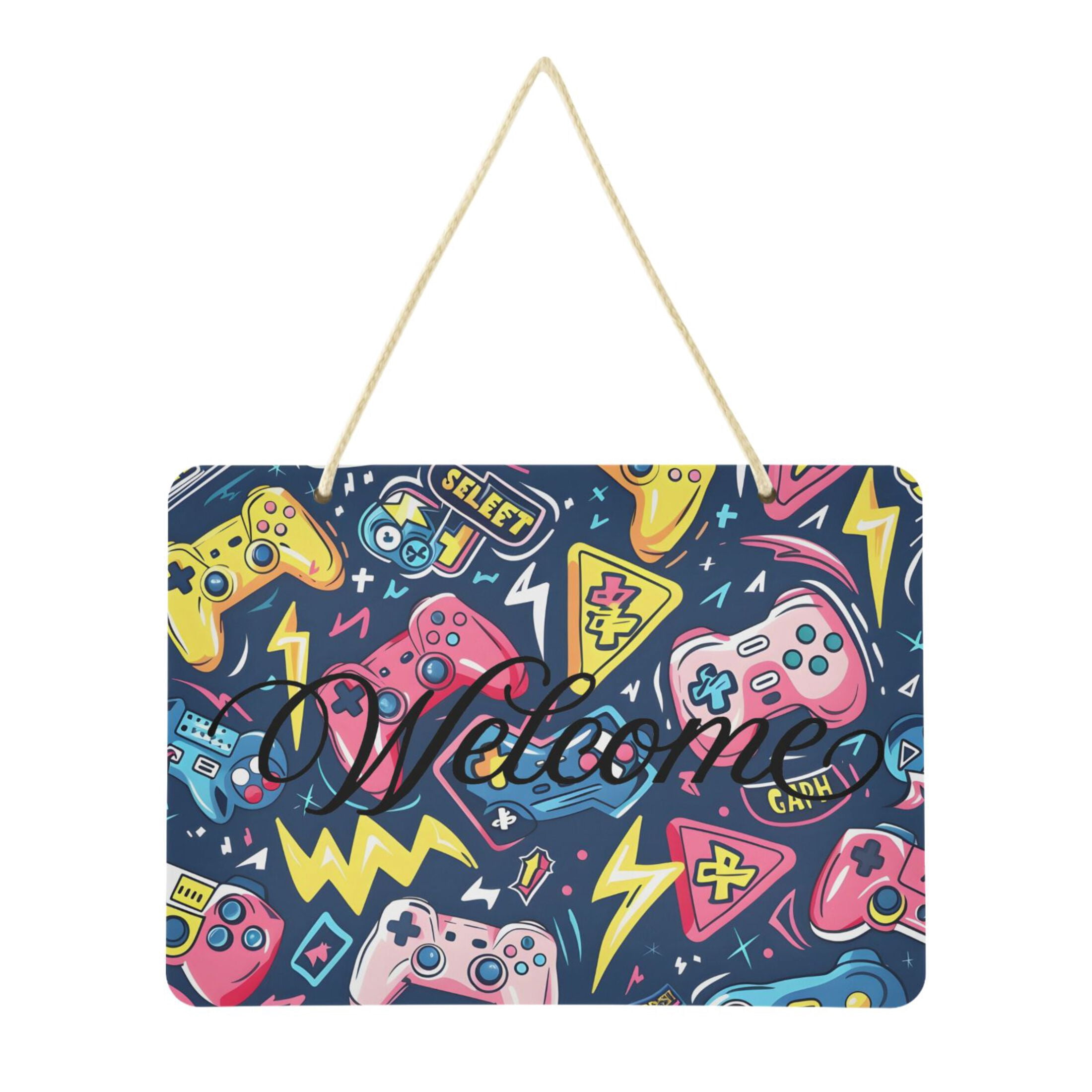 Gamepad and Lightning Welcome Sign Front Door PVC 14x10 inch Hanger ...
