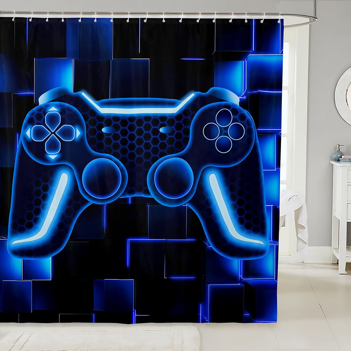 Gamer Bath Curtain 72"Wx78"L Blue Game Shower Curtain Teens Bathroom ...