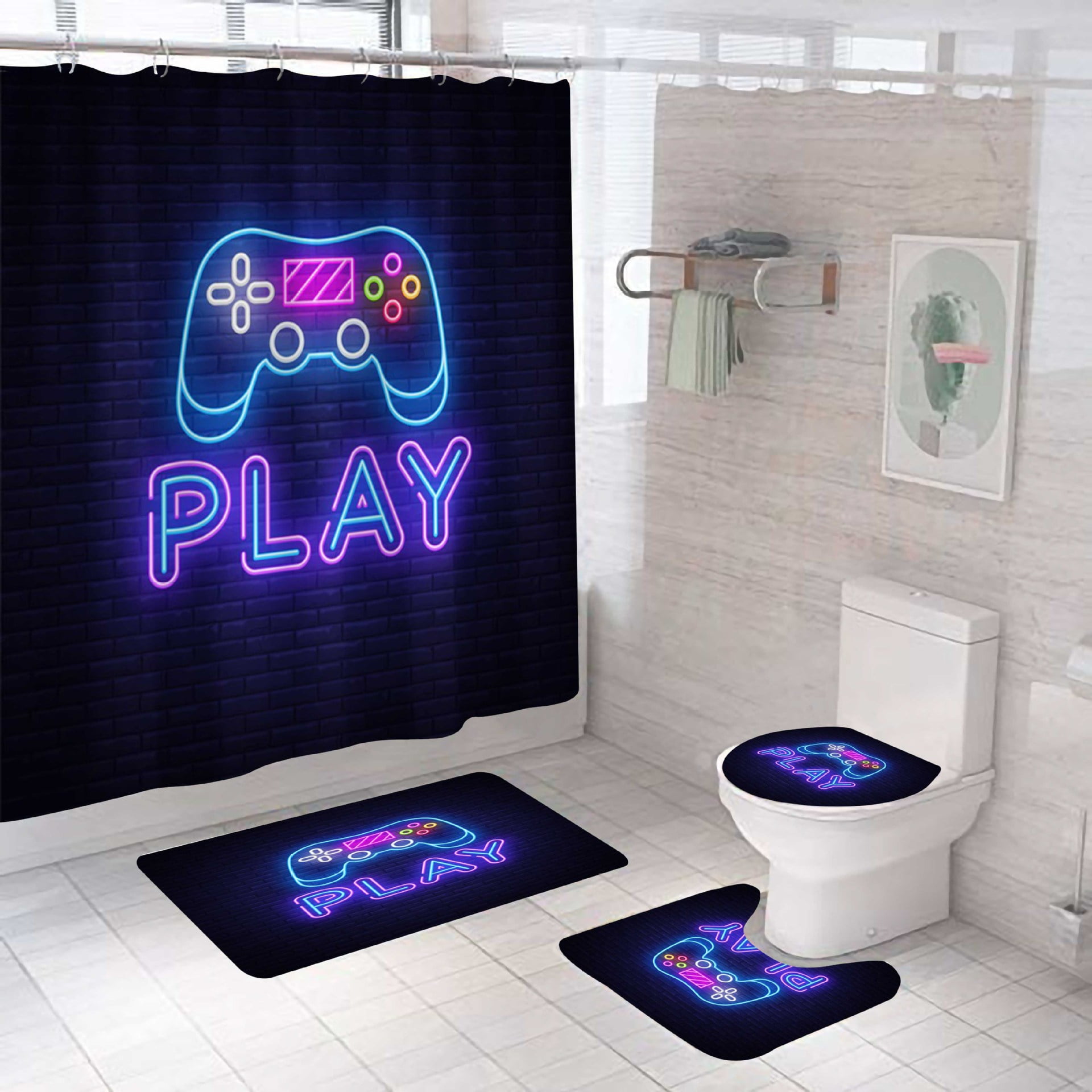 Gamer Bath Curtain Cartoon Gamepad Bathroom Sets Video Games Controller ...