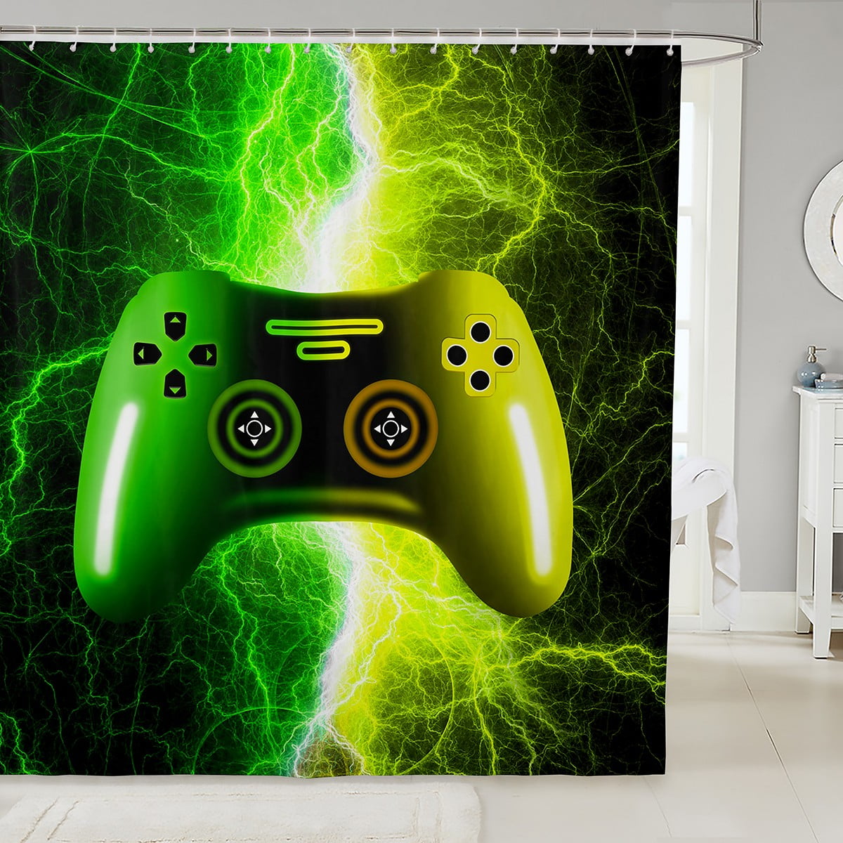 Gamer Bathroom Decor 72"Wx72"L for Boys Black Green Gaming Gamepad ...