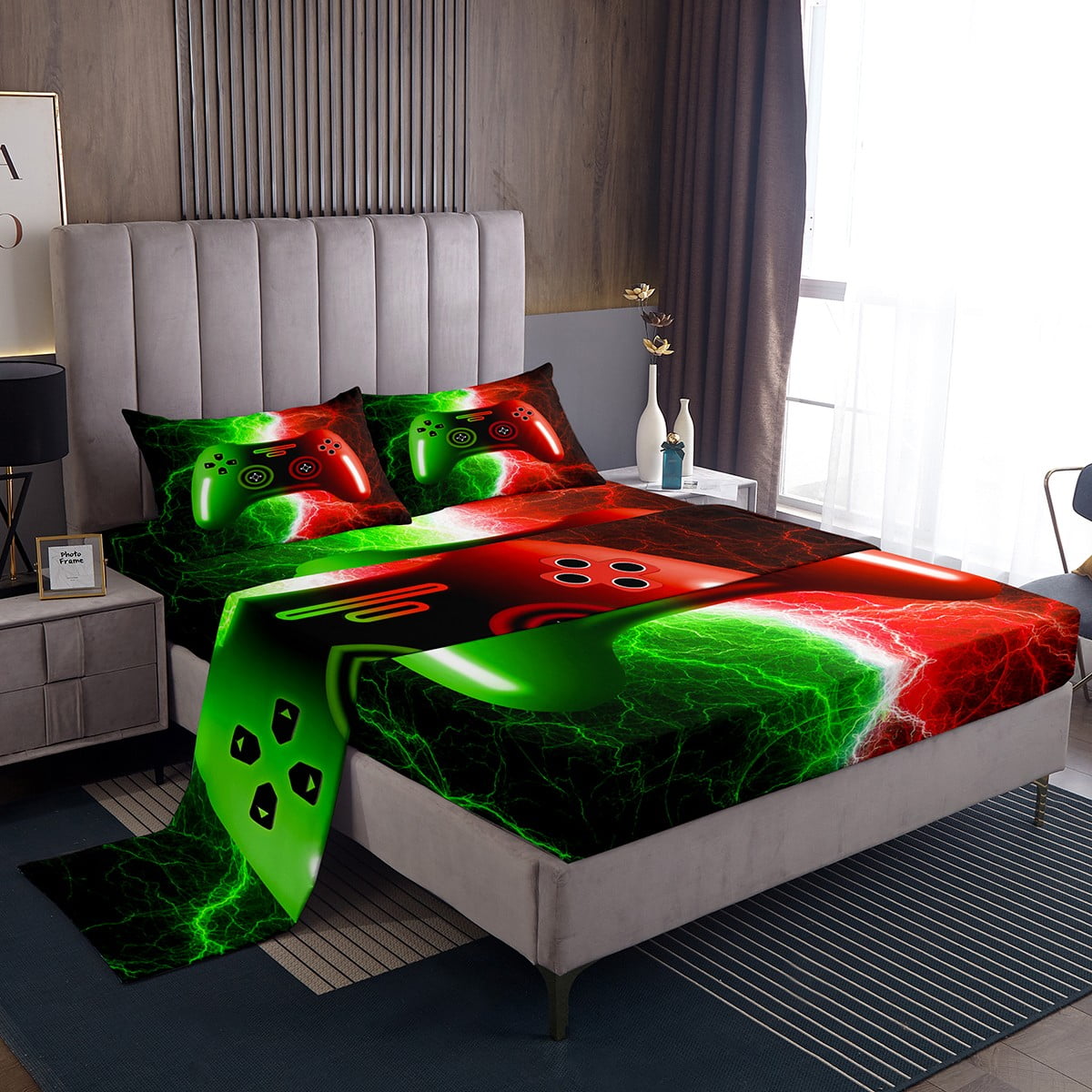 Gamer Bed Sheets Set for Boys Queen Size Red and Green Gaming Bedding ...