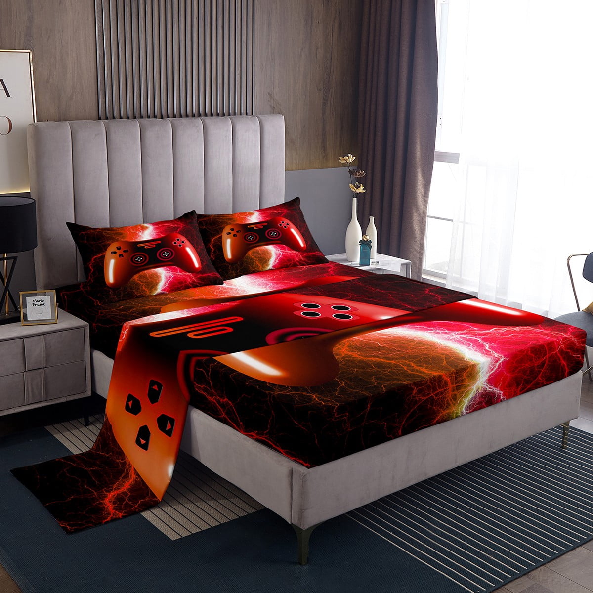 Gamer Bed Sheets Set Queen Size Red Orange Gaming Bedding Set,Video ...
