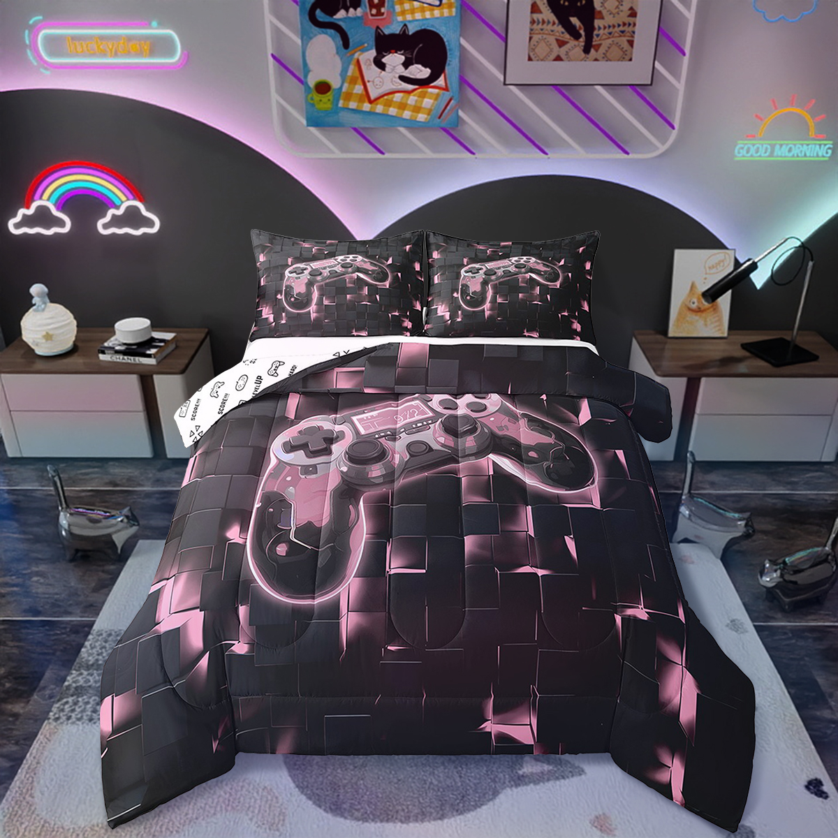 Gamer Bedding Queen Size Game Console Comforter Set Teen 3D Black and ...