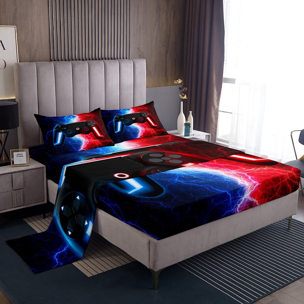 Gamer Bedding Set Full Size Gaming Bed Sheets Set,Blue and Red ...