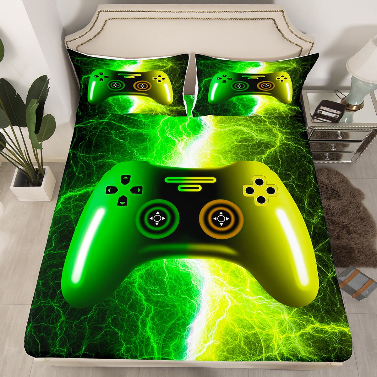 Gamer Bedding Set Full Size Gaming Fitted Sheet,Black and Green ...