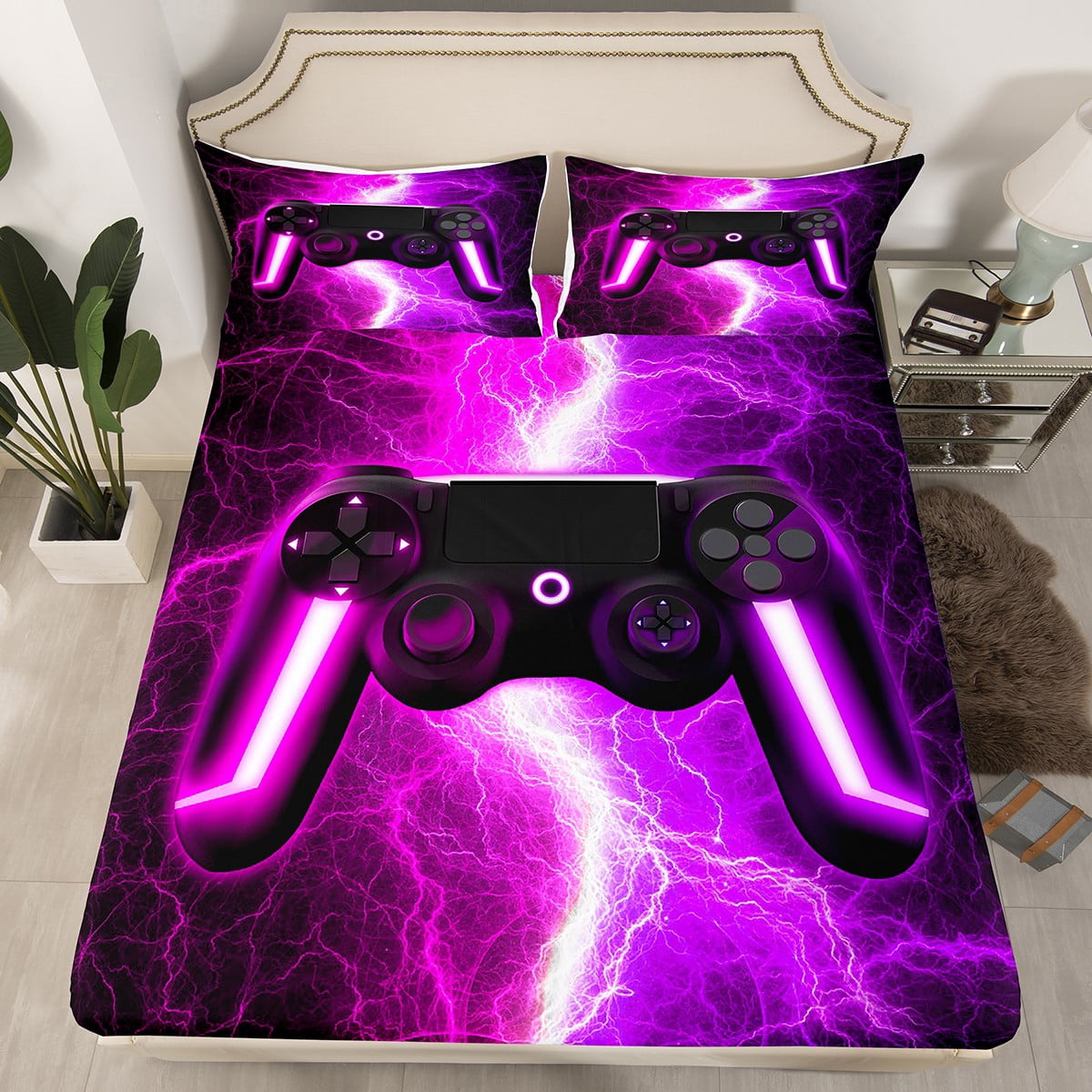 Gamer Bedding Set Full Size Gaming Fitted Sheet,Pink and Purple ...