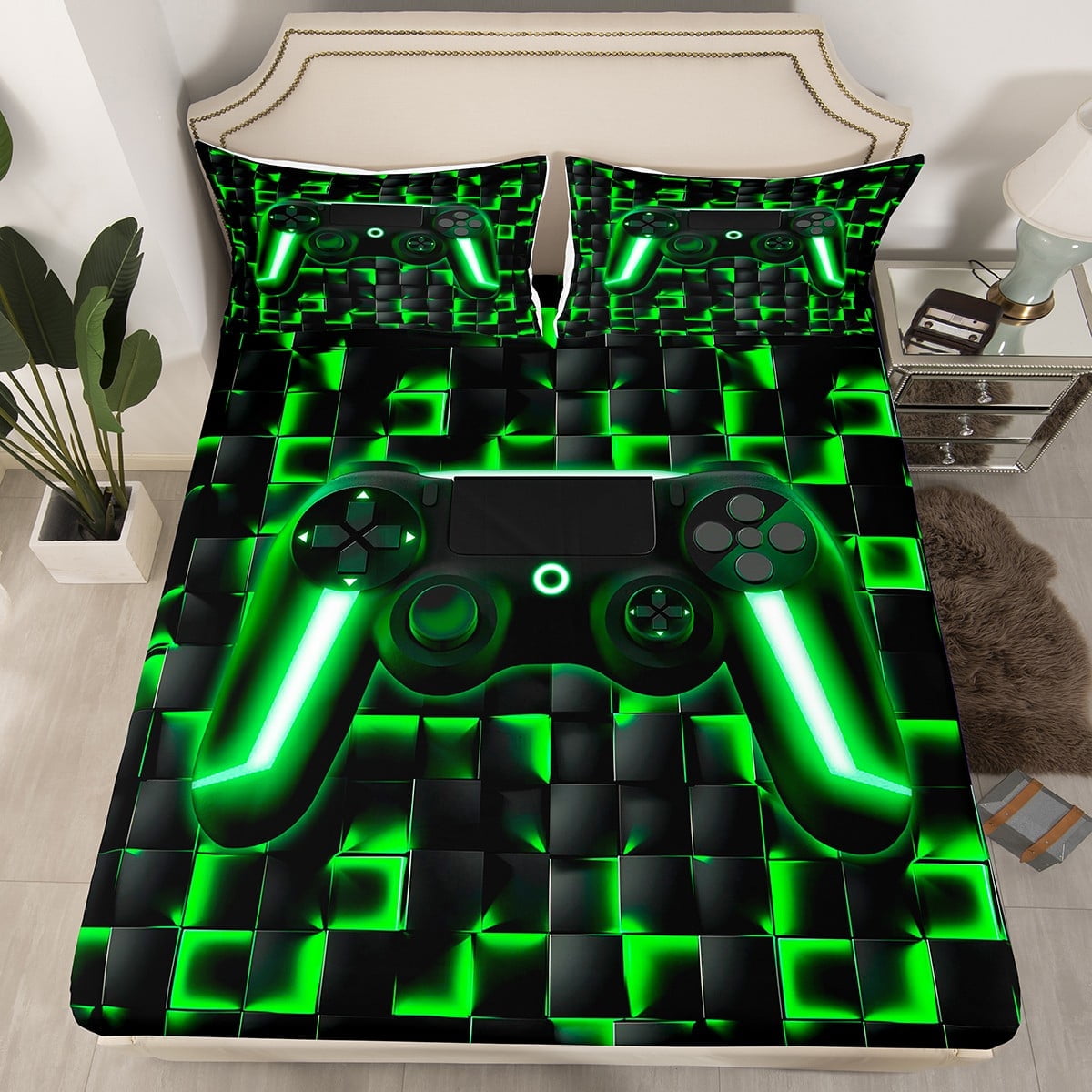 Gamer Bedding Set Twin Fitted Sheet 3D Geometric Gaming Bed Sheets Men ...