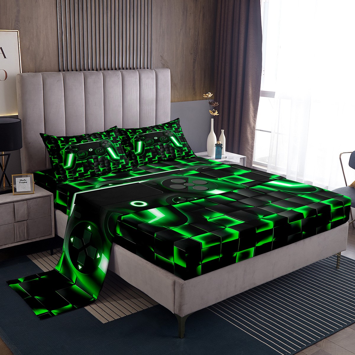 Gamer Bedding Sheets Queen Bed Sheets 3D Geometric Gaming Sheet Set Men ...