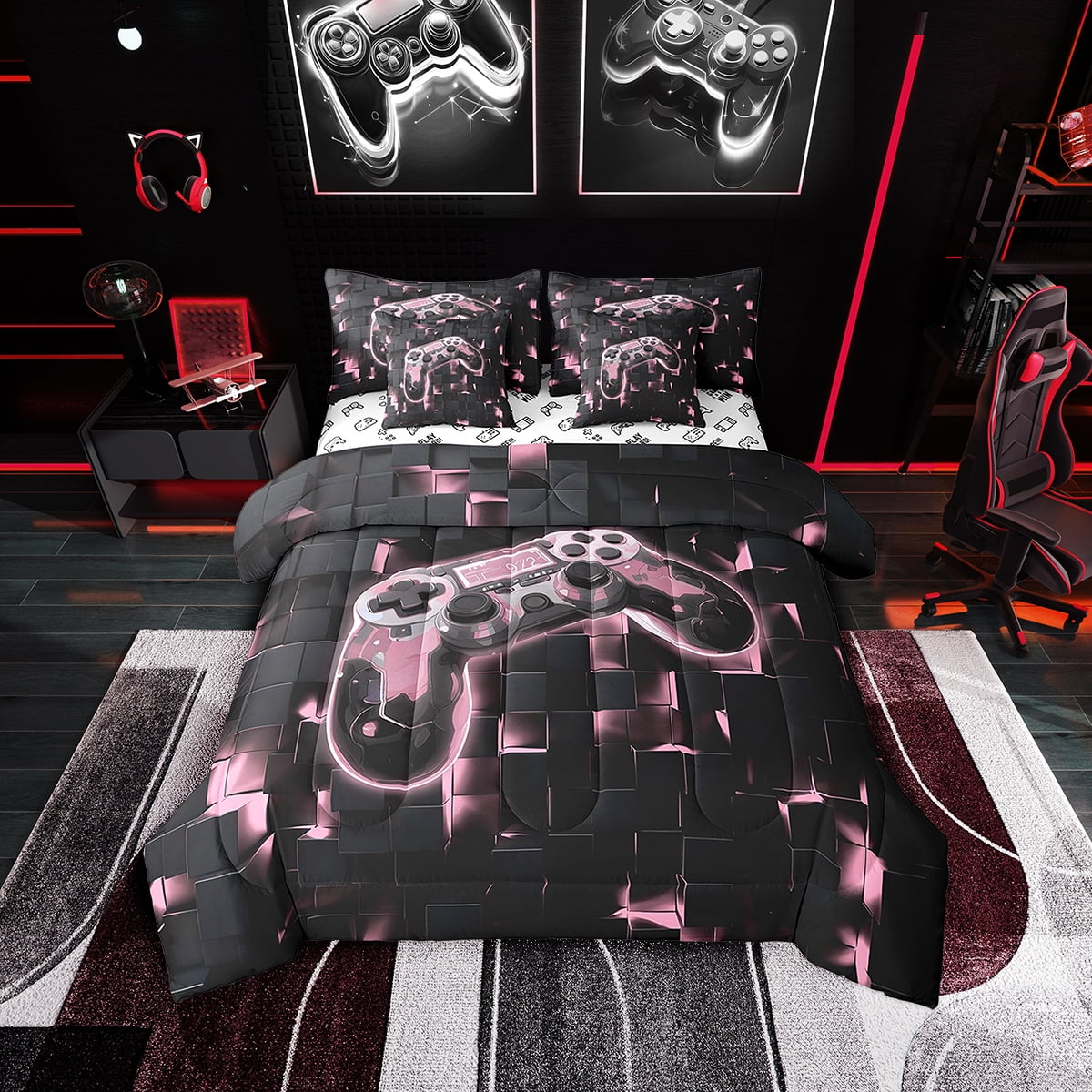 Gamer Bedding Twin Size Game Console Comforter Set 3D Black and Pink ...
