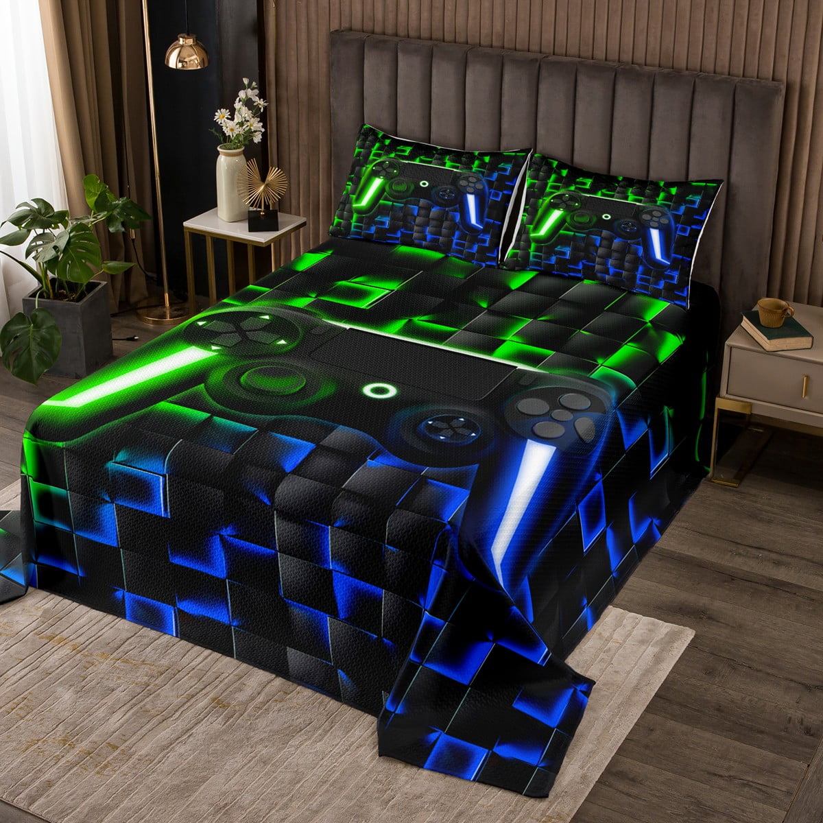 Gamer Twin Bedspread Set Gaming Quilt Set Teen Men,3D Neon Lights Ombre ...