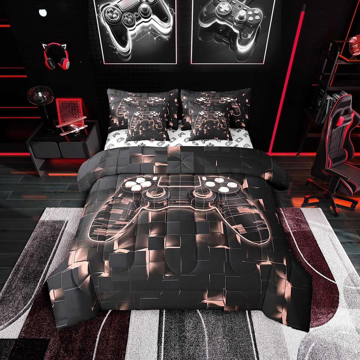 Gamer Comforter Set 7-Piece Black Peachpuff Twin Bedding Sets,Abstract ...