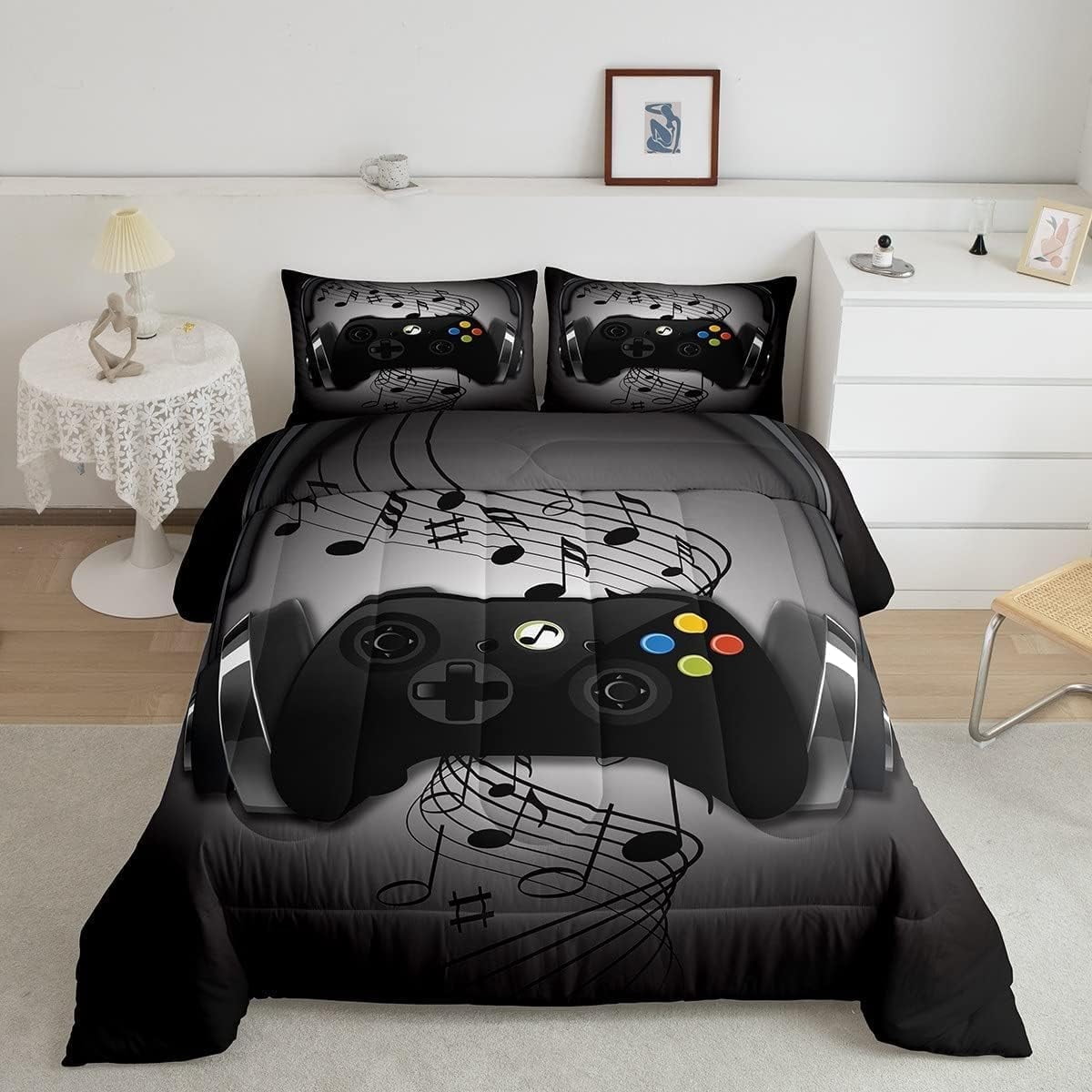 Gamer Comforter Set Full Size,Black Grey Headphones Musical Design ...