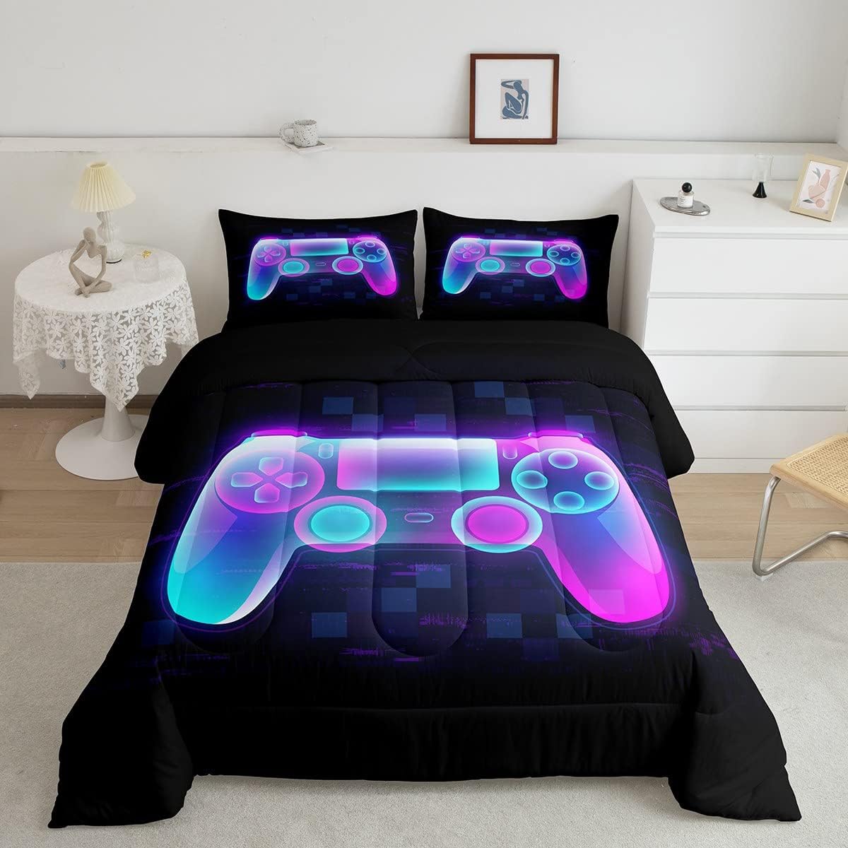 Gamer Comforter Set King Size Teens Purple Glow Gamepad Decor Quilted ...