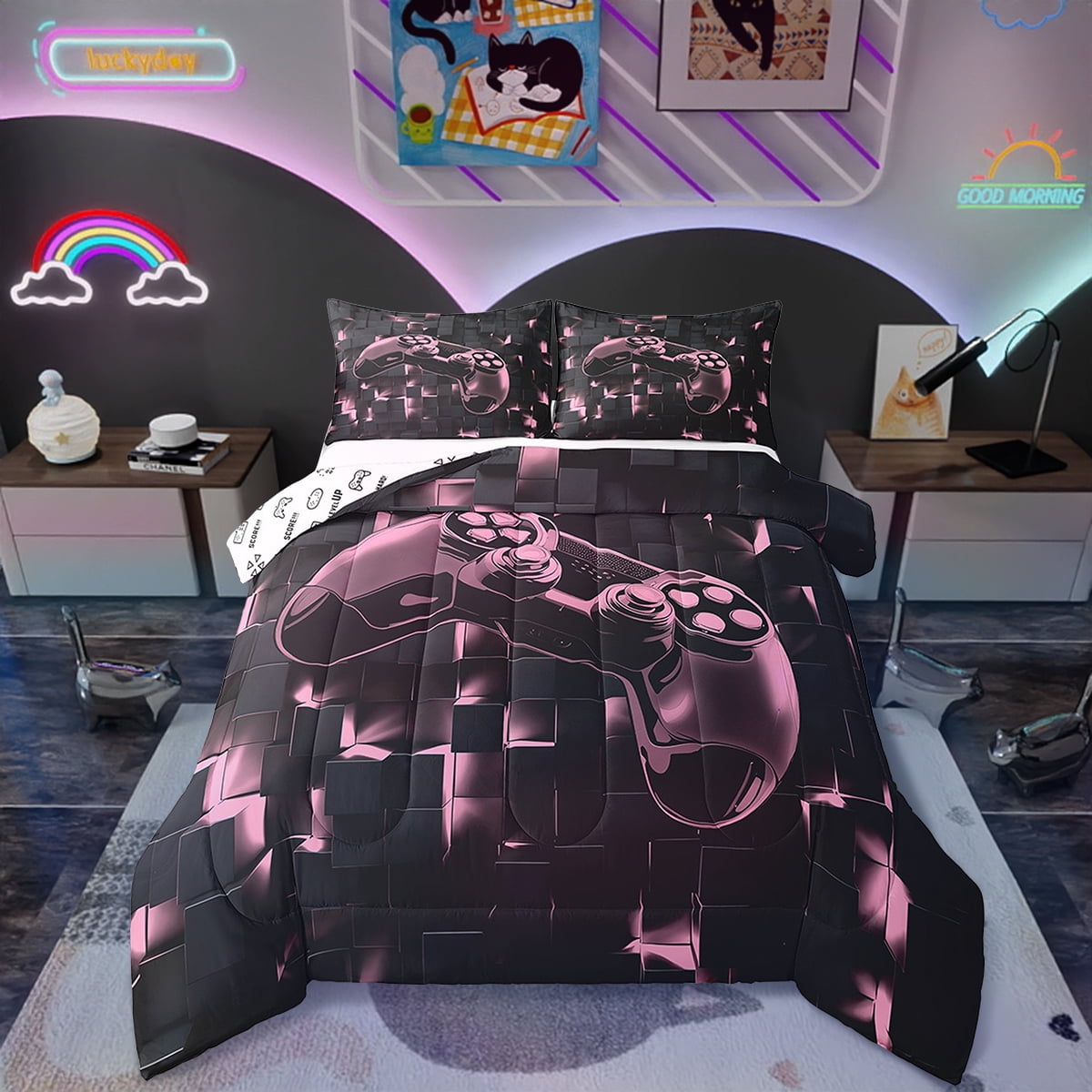 Gamer Comforter Set Queen Pink Black Bedding Set, Video Game Gaming ...