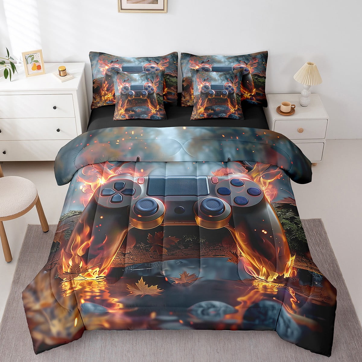 Gamer Comforter Set Queen Size,Modern Fire Gamepad Bedding Set Teens ...