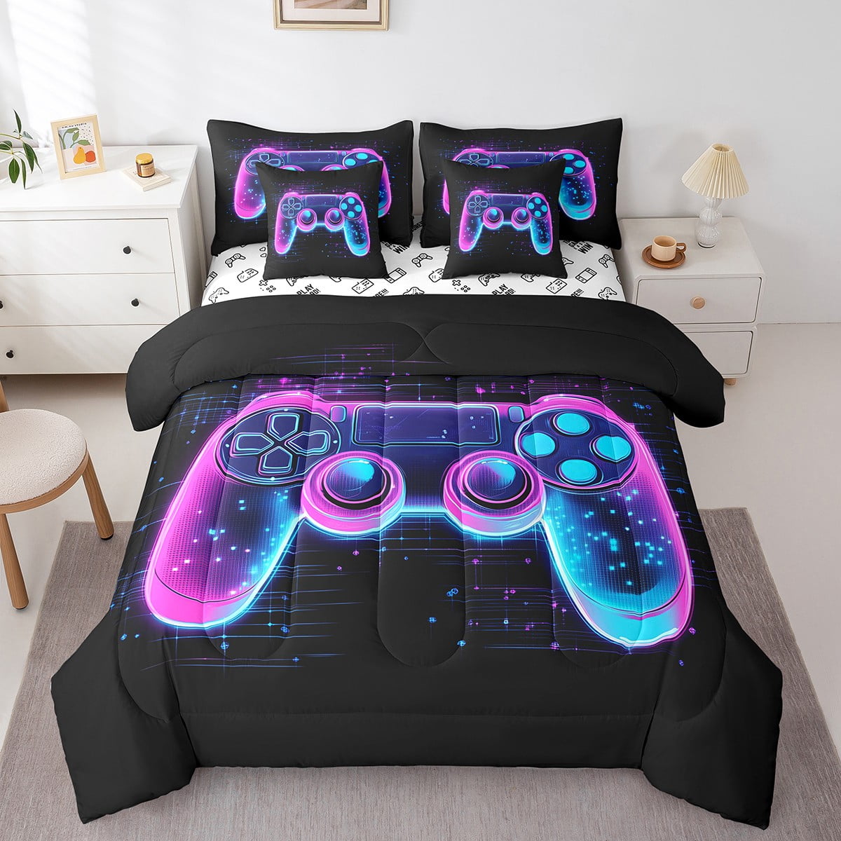 Gamer Comforter Set Twin Size 7 Piece, Boys Gaming Bedding Set With ...