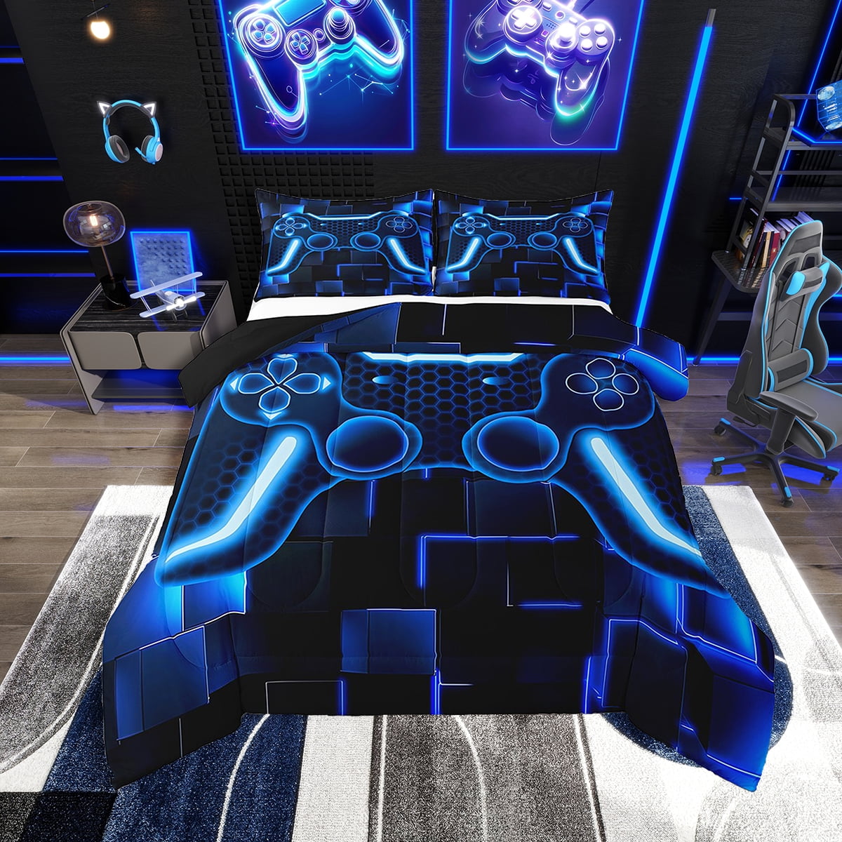 Gamer Comforter Sets Queen Size Blue Game Bedding Set Teens Bedroom ...